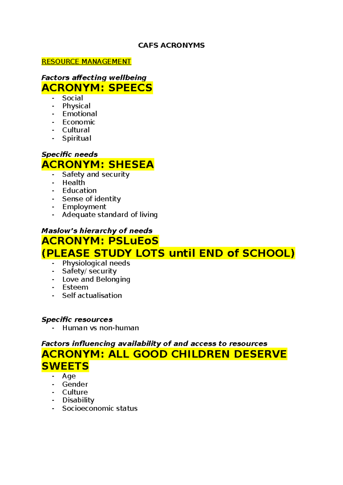 CAFS Acronyms - CAFS ACRONYMS RESOURCE MANAGEMENT Factors affecting ...