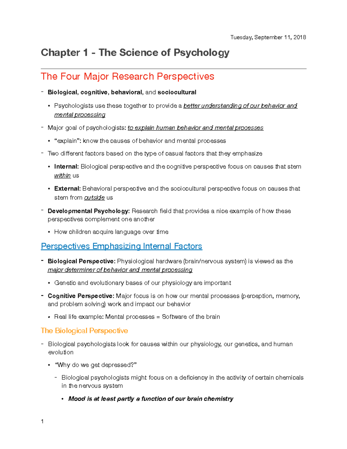 Psychology Ch1/2 - Chapter 1 - The Science of Psychology The Four Major ...