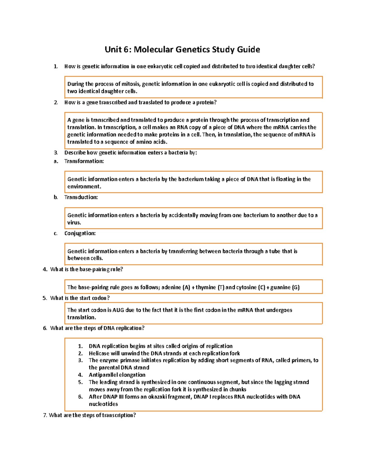 Unit 6 Genetics Study Guide