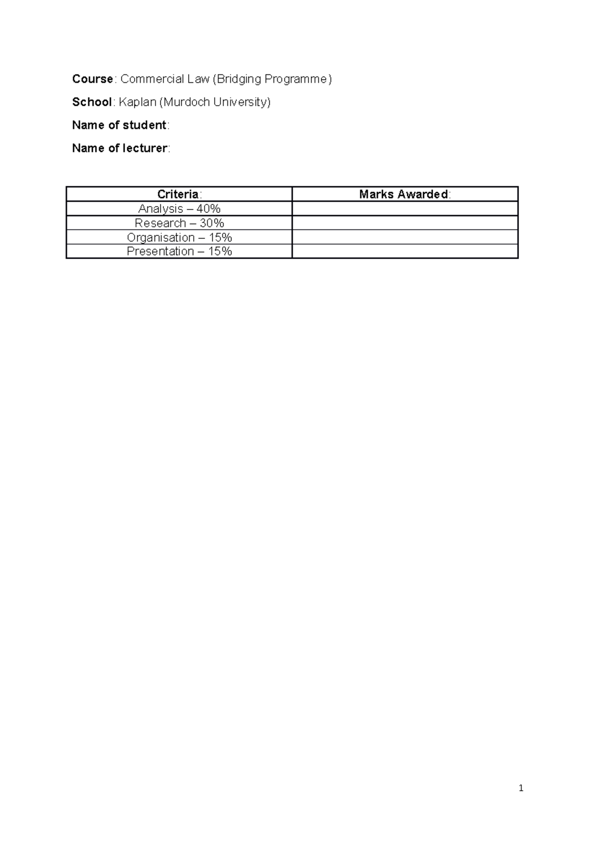 Commercial Law Assignment Sample 03 - Course : Commercial Law (Bridging ...