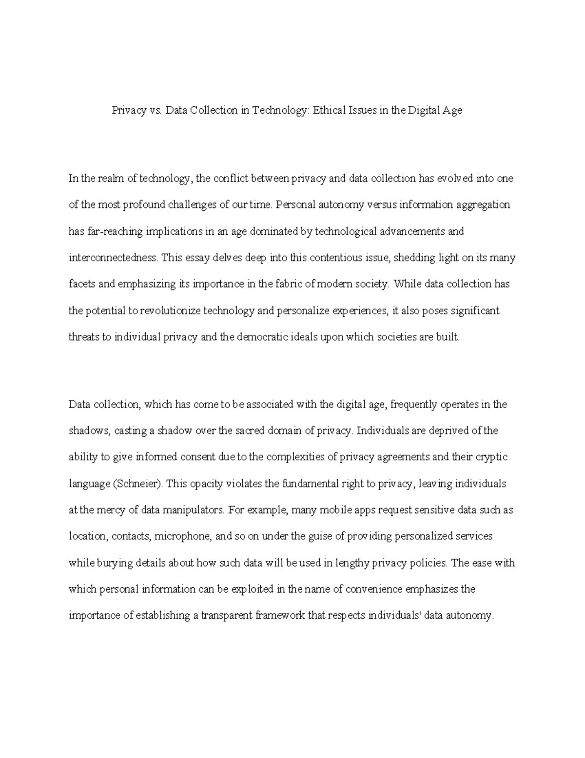 Week 7 final - Privacy vs. Data Collection in Technology: Ethical ...
