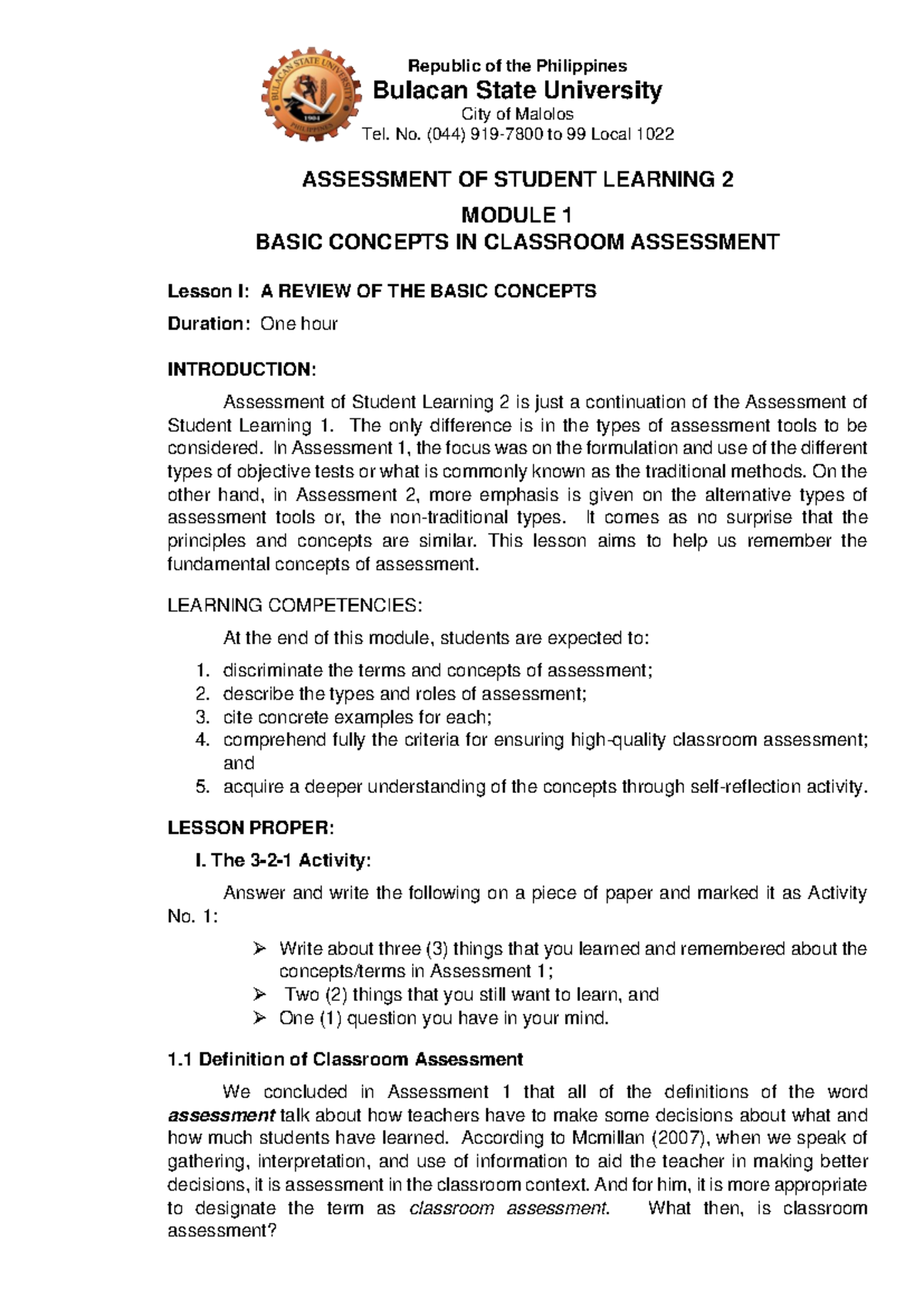 Module 1 V - Republic of the Philippines Bulacan State University City ...