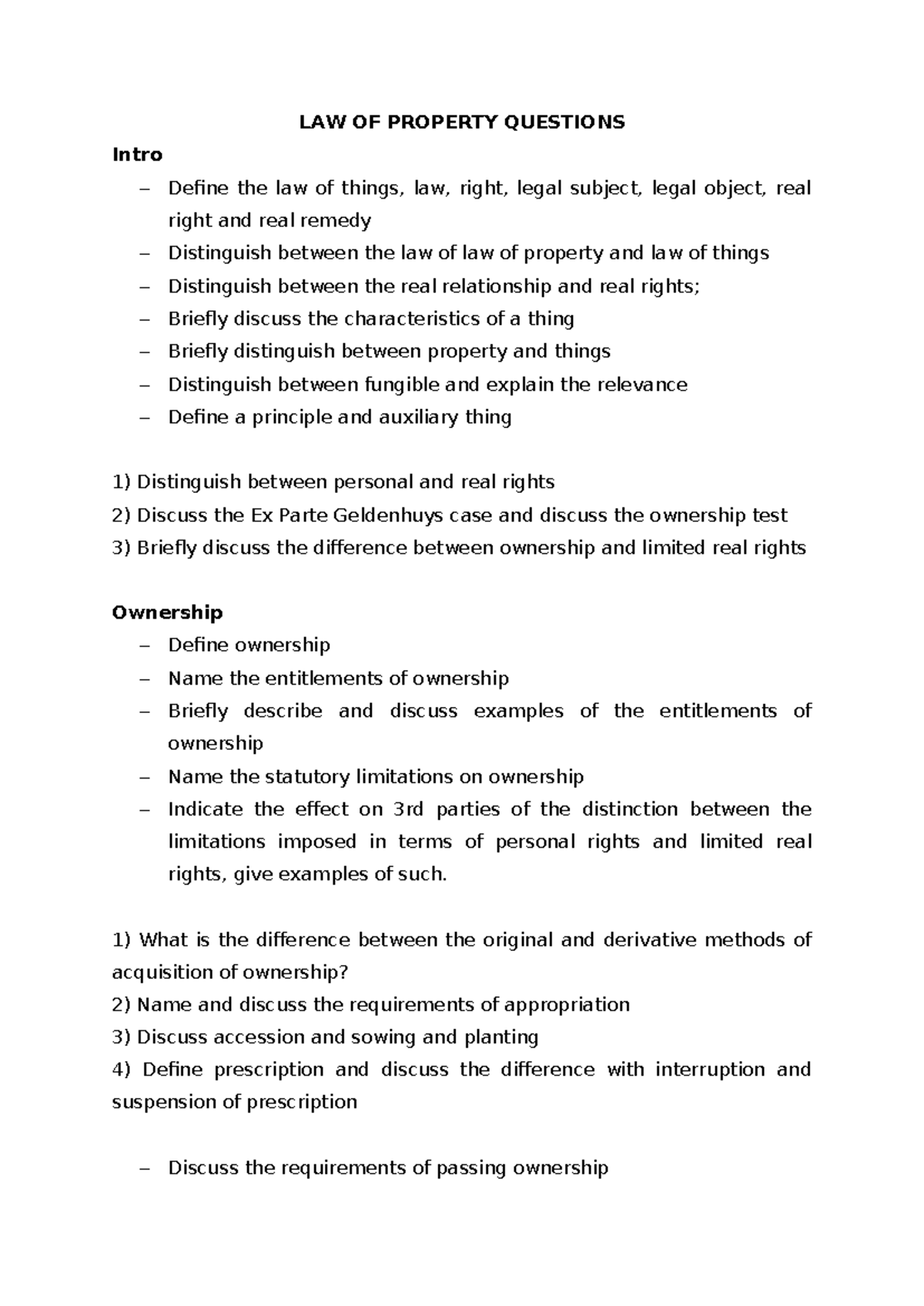 2021 LAW OF Property Study Questions - LAW OF PROPERTY QUESTIONS Intro ...