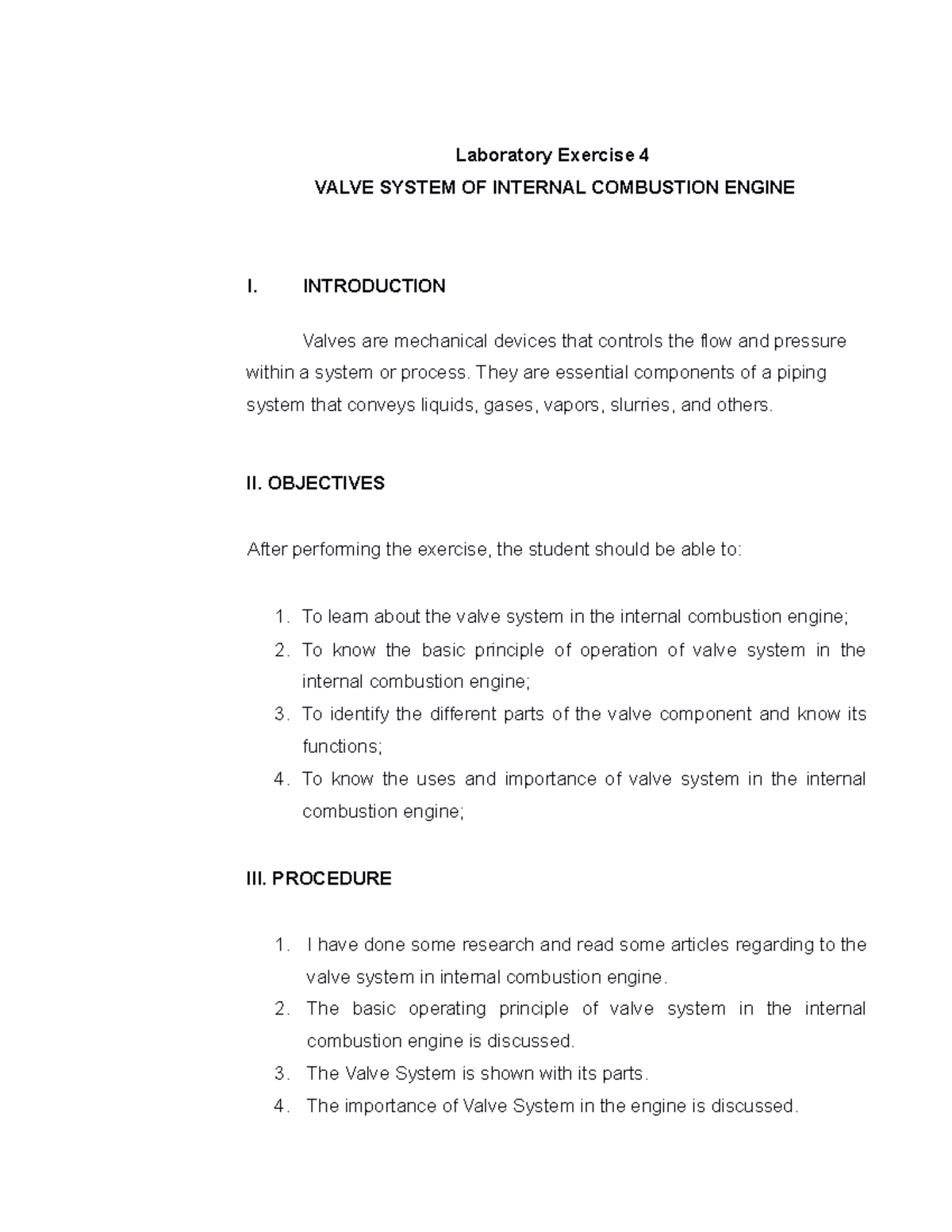 Valve System OF Internal Combustion Engine Lab Act t4 - Laboratory ...