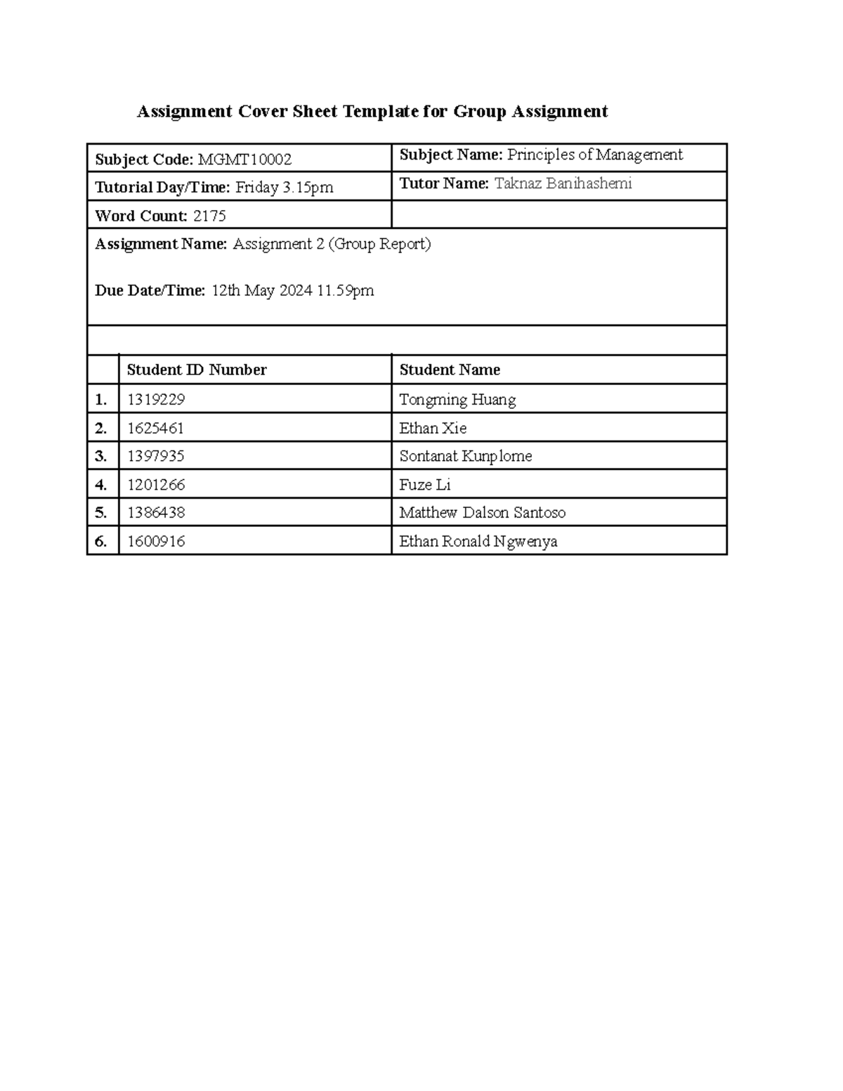 MGMT Group Assignment Final - Assignment Cover Sheet Template for Group ...