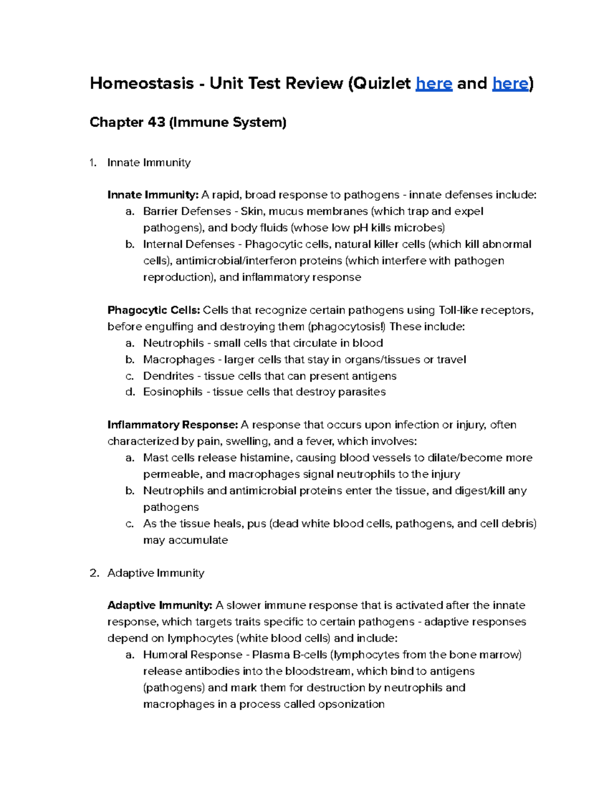 SBI4U/AP Biology Homeostasis Test Review - Homeostasis - Unit Test ...