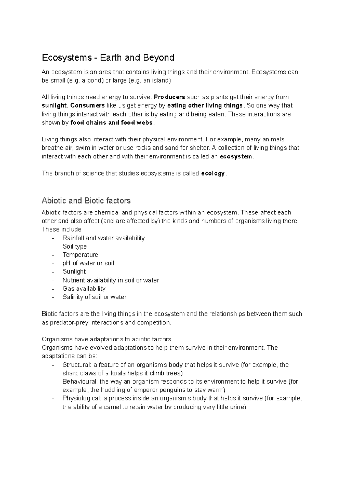 Ecosystems Notes - Ecosystems - Earth and Beyond An ecosystem is an ...