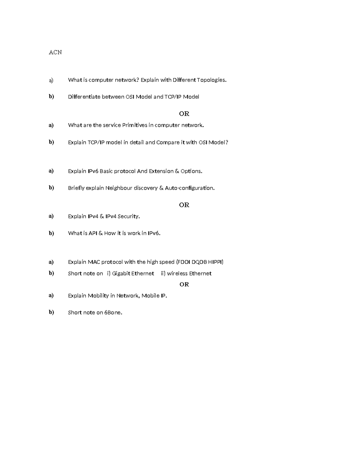 Imp Question acn - importart que for acn - ACN a) What is computer ...