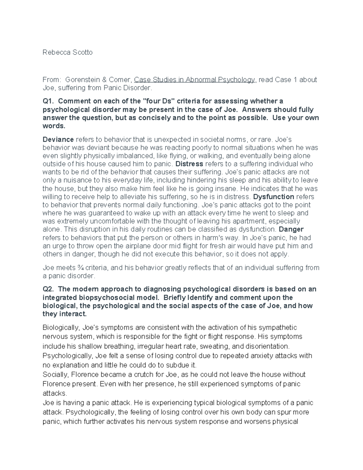 Case Study 1 Abnormal Psychology - Rebecca Scotto From: Gorenstein ...