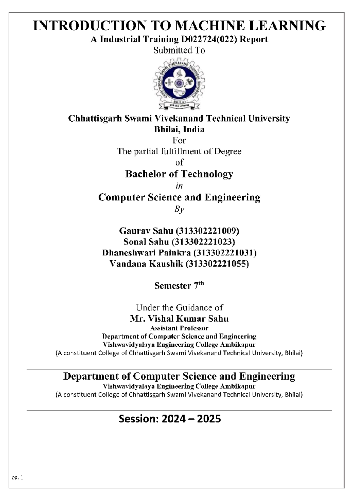Project - INTRODUCTION TO MACHINE LEARNING A Industrial Training ...