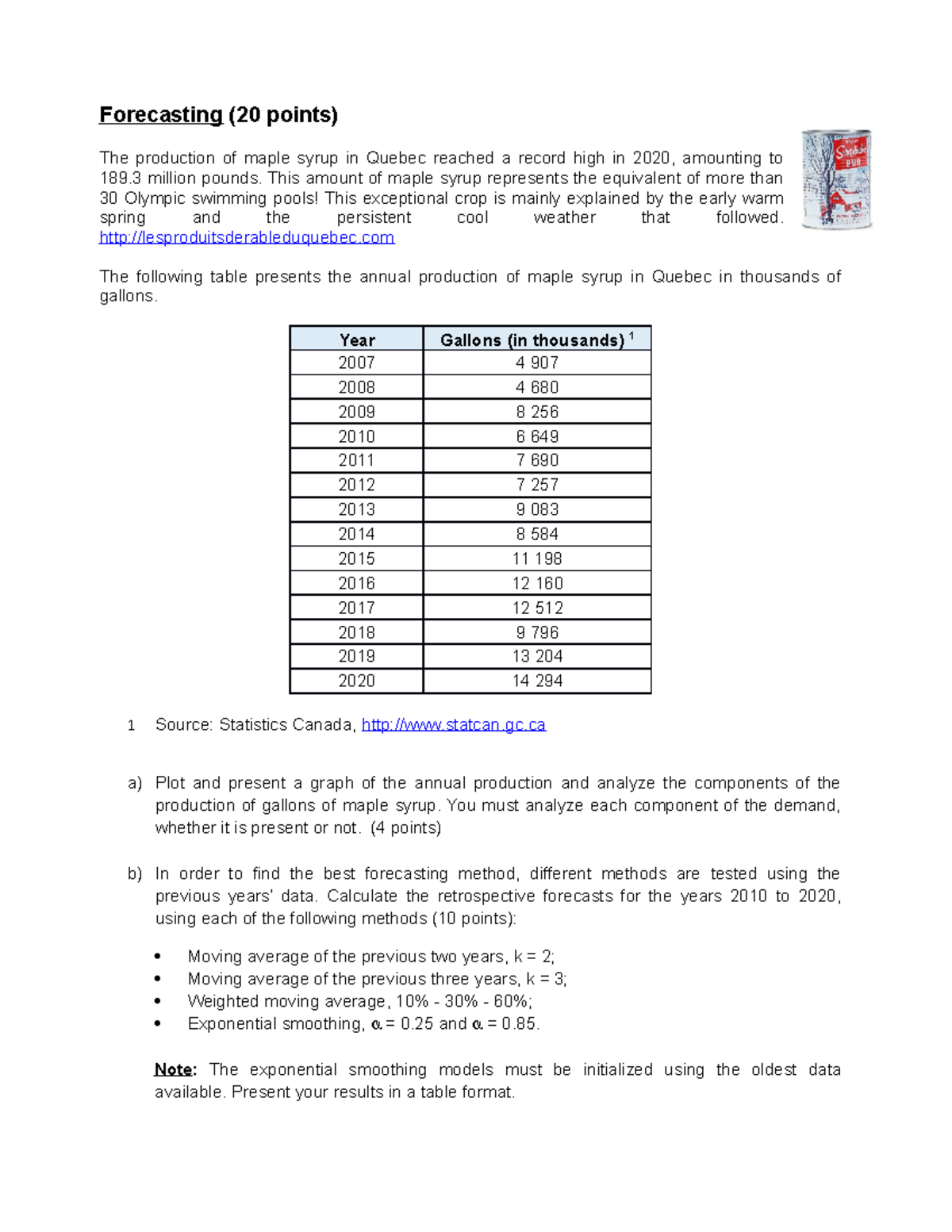 10500 A - Forecasting - Forecasting (20 points) The production of maple ...