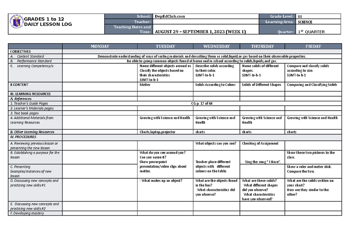 DLL Science 3 Q1 W1 - FIRST QUARTER WEEK1 - GRADES 1 to 12 DAILY LESSON ...