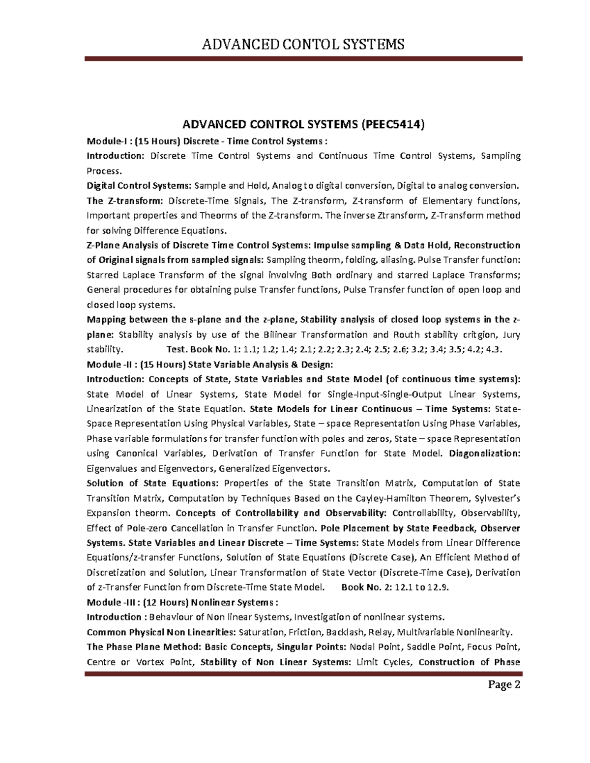 Advanced control system - ADVANCED CONTROL SYSTEMS (PEEC5414) Module‐I ...