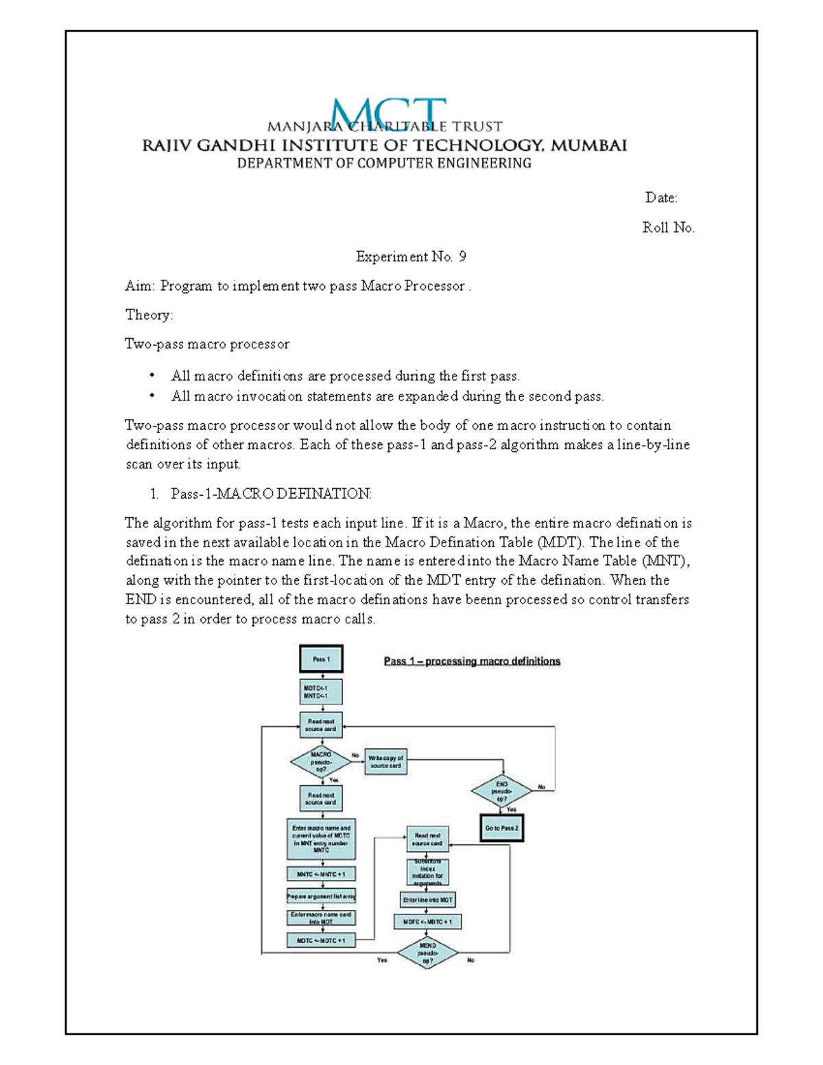 EXP9 - System programming and compiler design - Date: Roll No. Experiment No. 9 Aim: Program to ...