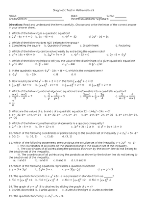 Exam-in-math 9-2nd-quarter - x y 2 10 hrs. 4 5 hrs. 5 4 hrs. Republic ...