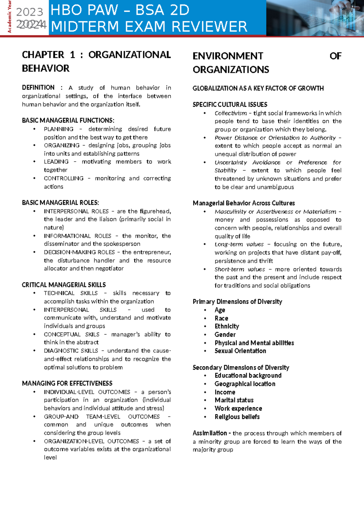 Reviewer ON HBO - CHAPTER 1 : ORGANIZATIONAL BEHAVIOR DEFINITION : A ...