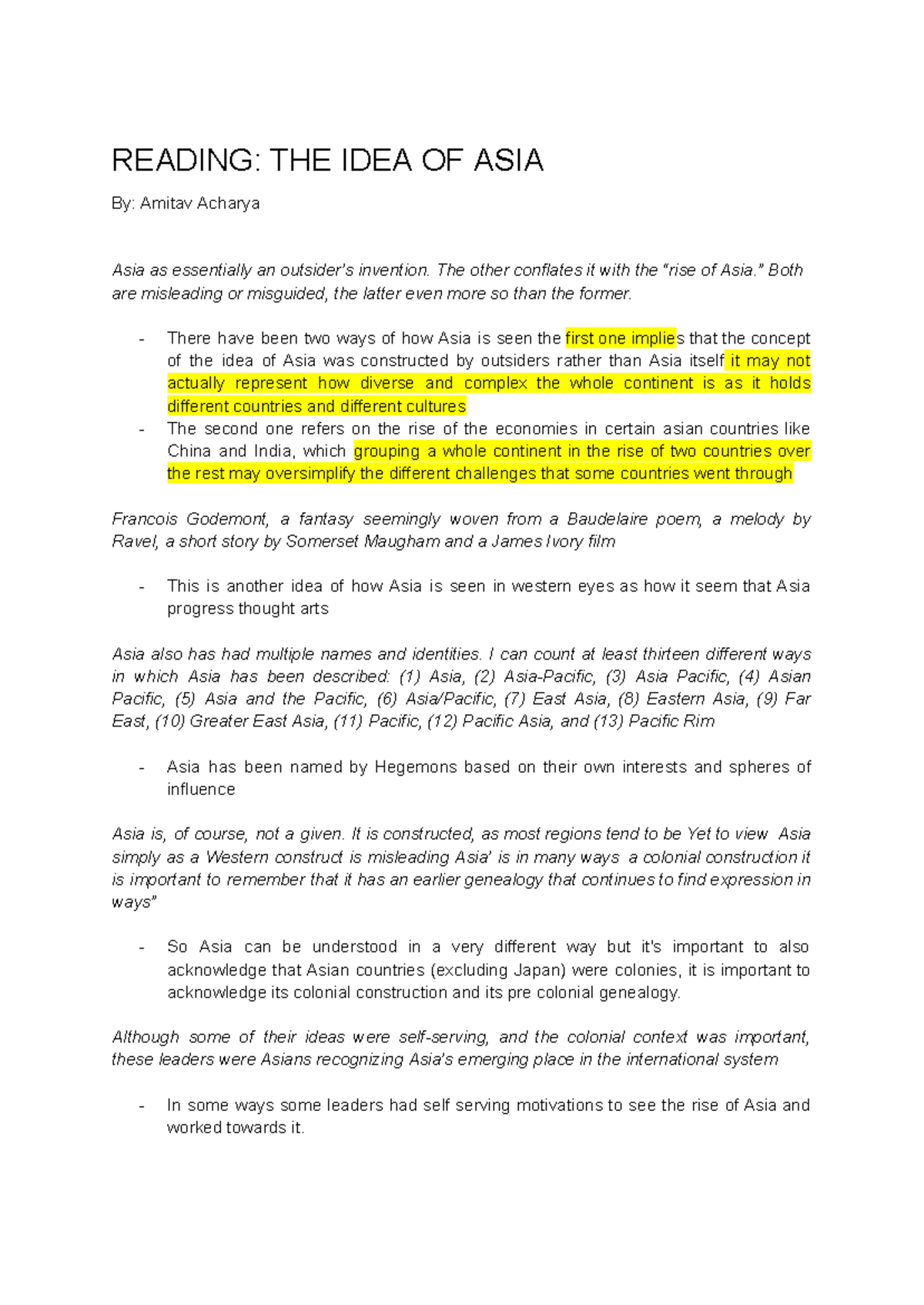 IR W ASIA - READING: THE IDEA OF ASIA By: Amitav Acharya Asia as ...