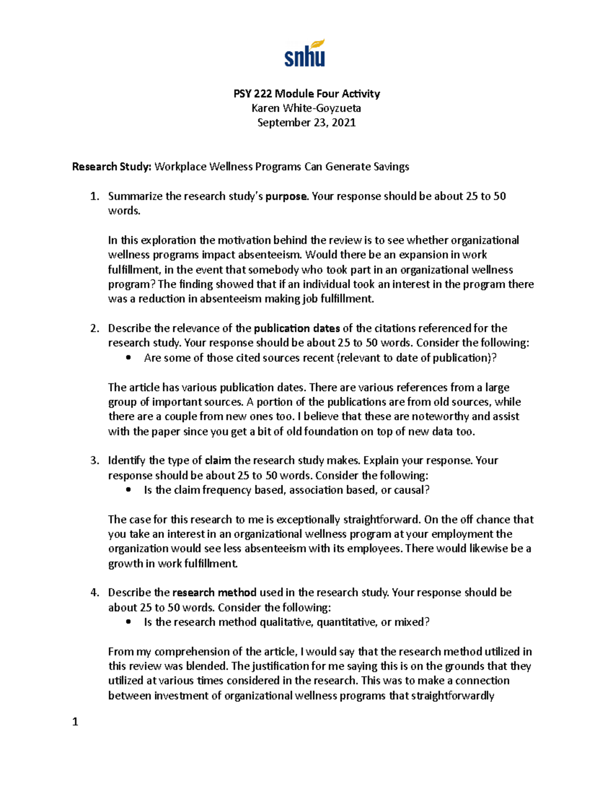 Psy 222 Module Four Activity Assignment Psy 222 Module Four Activity Karen White Goyzueta