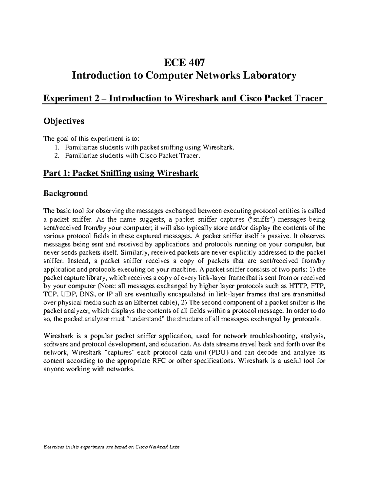 Experiment 2 – Introduction to Wireshark and Cisco Packet Tracer - Familiarize students with ...