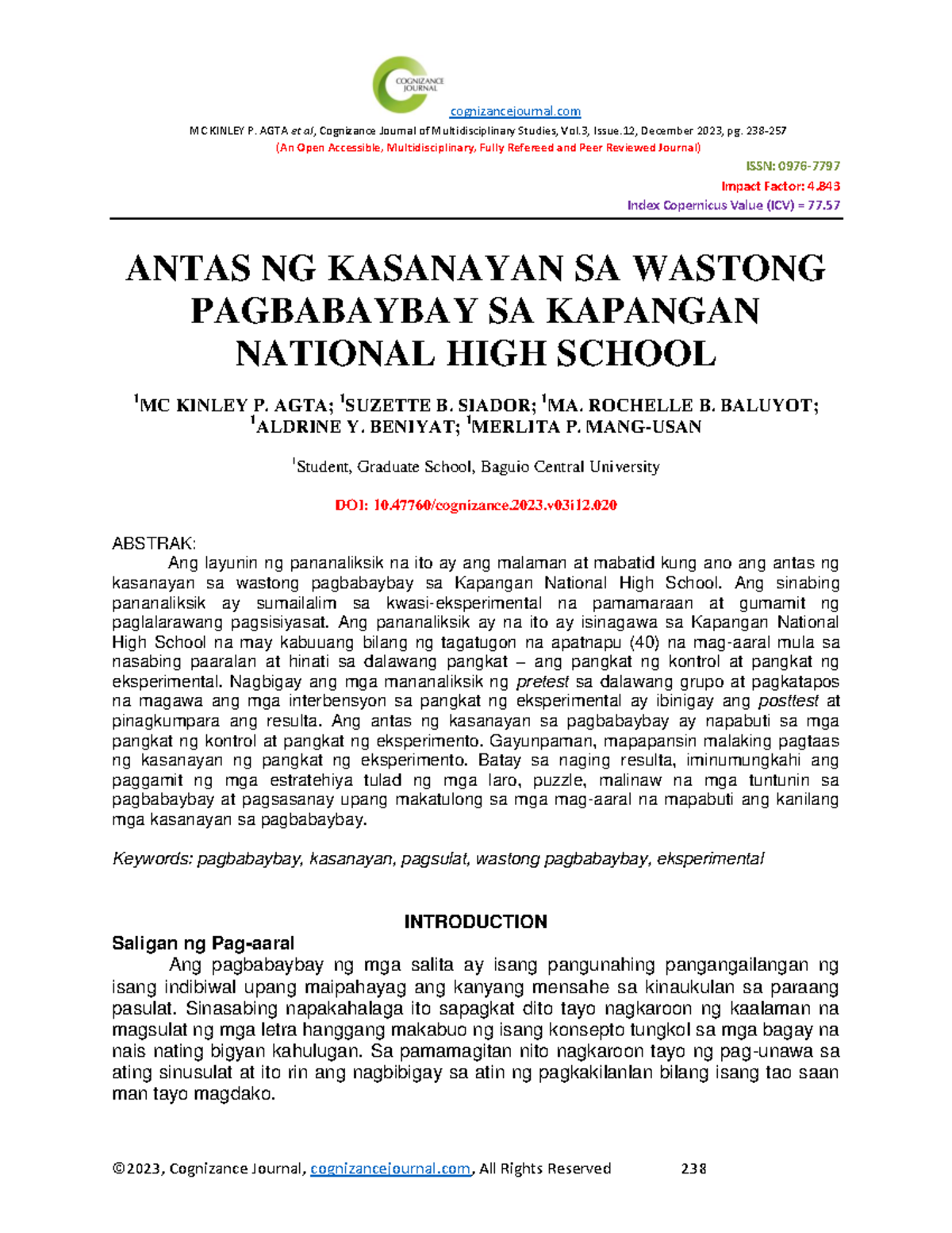 Filipino - For Research Purposes - MC KINLEY P. AGTA et al, Cognizance ...