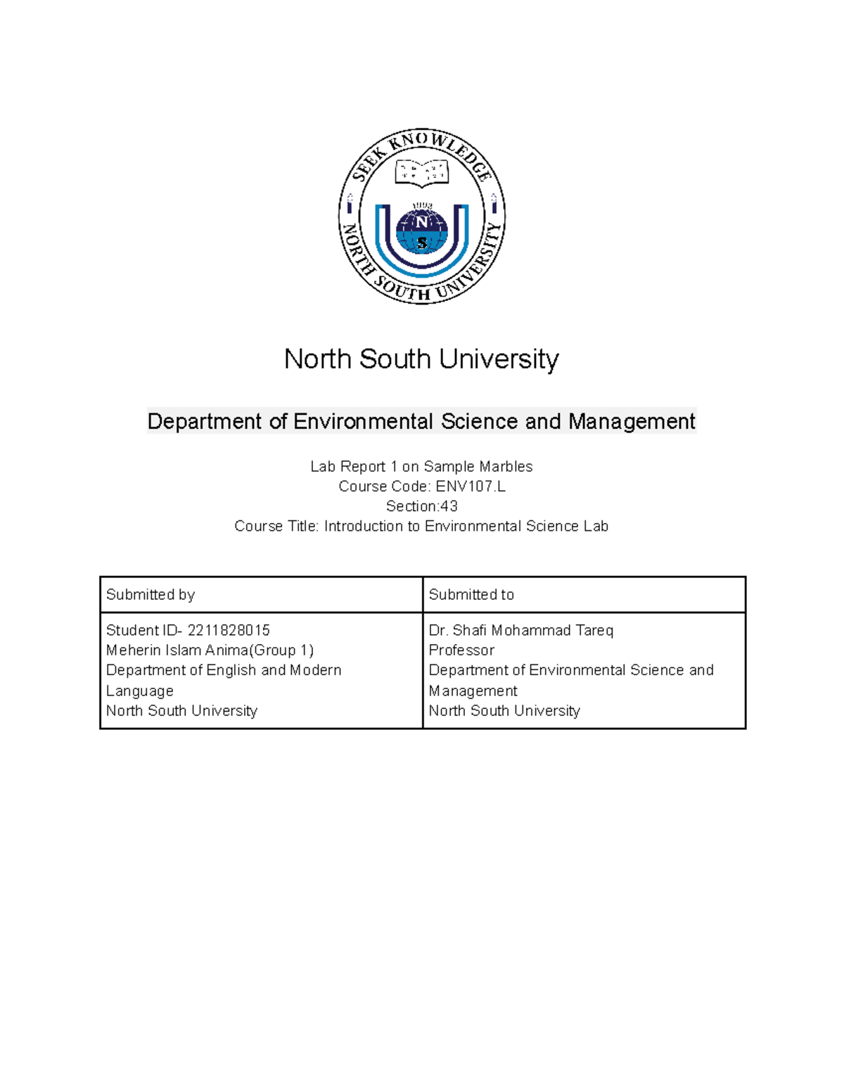ENV Lab Report 1 - North South University Department of Environmental Science and Management Lab ...