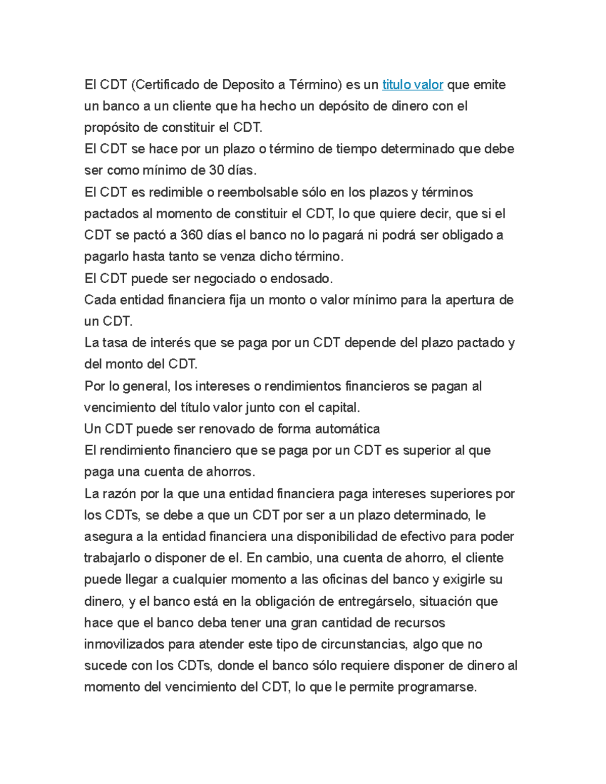 Trabajo fff - mmmmm - El CDT (Certificado de Deposito a Término) es un ...