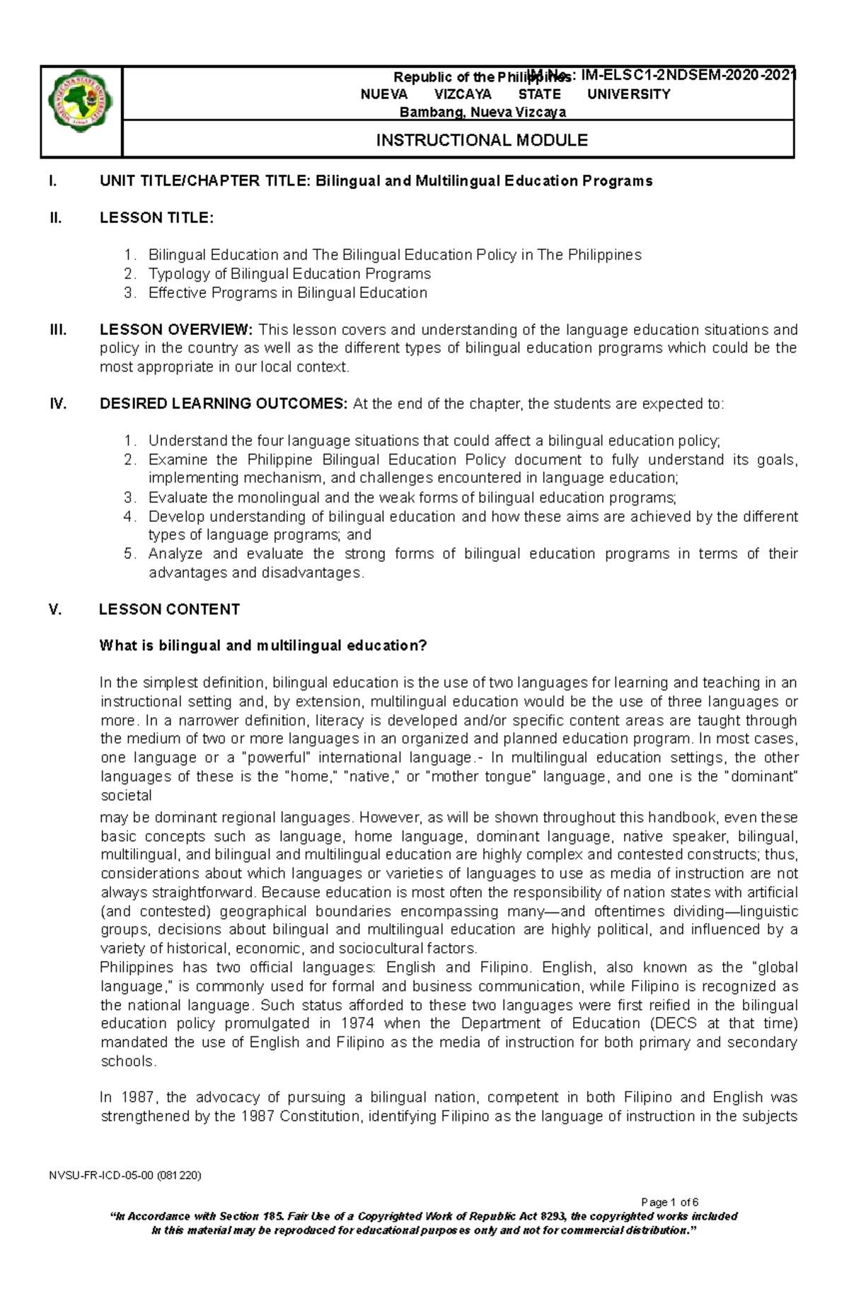 Policies and programs 3-1 - I. UNIT TITLE/CHAPTER TITLE: Bilingual and ...