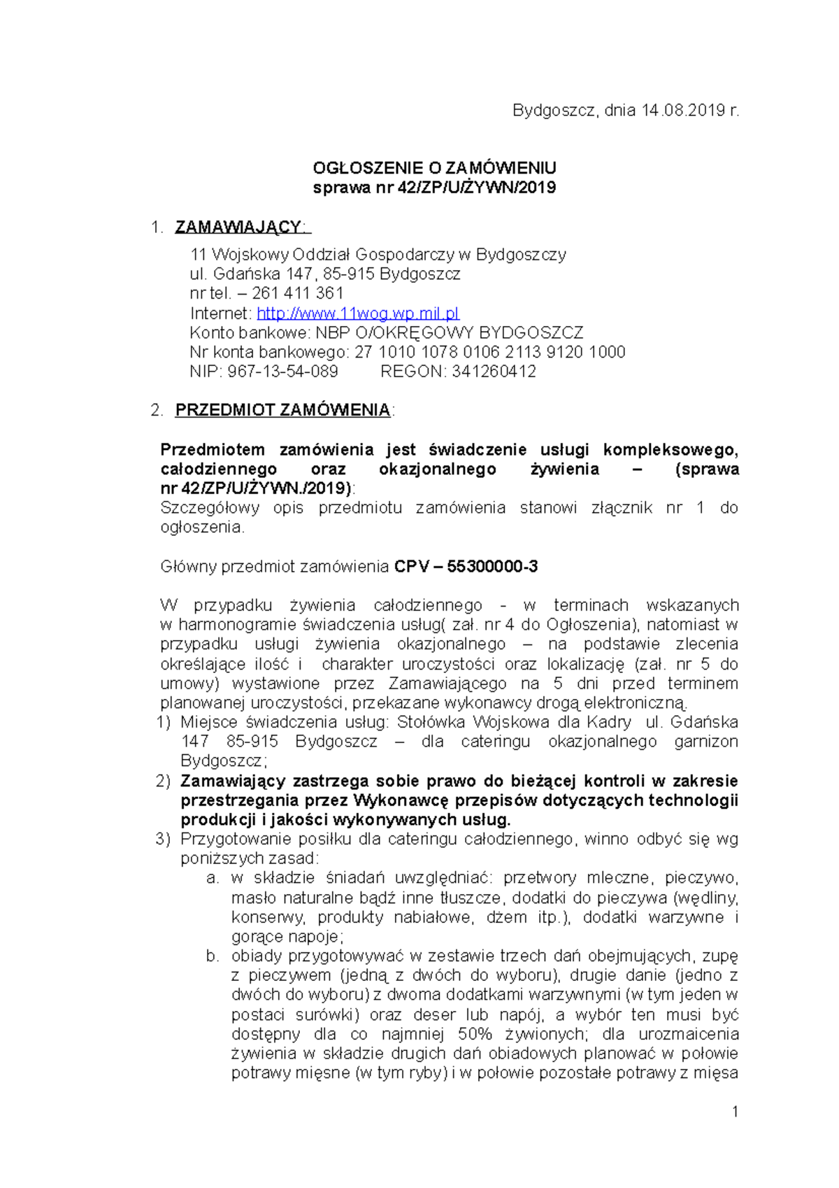2019-ZP42 ogloszenie catering - Bydgoszcz, dnia 14.08 r. OGŁOSZENIE O ...