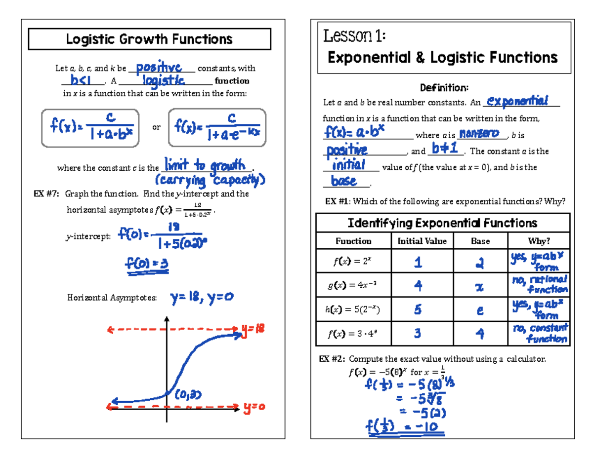 3 - math - Lesson 1: Exponential & Logistic Functions Logistic Growth Functions Definition: Let ...