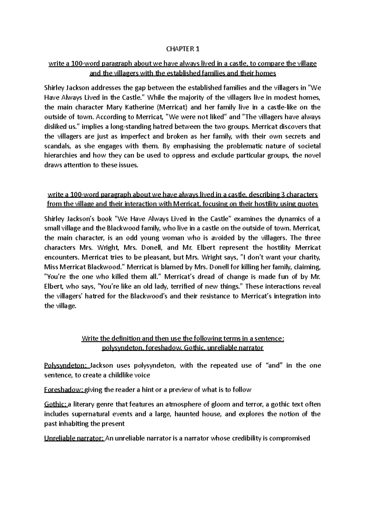 Chapter 1 shirley jackson questions - CHAPTER 1 write a 100-word ...