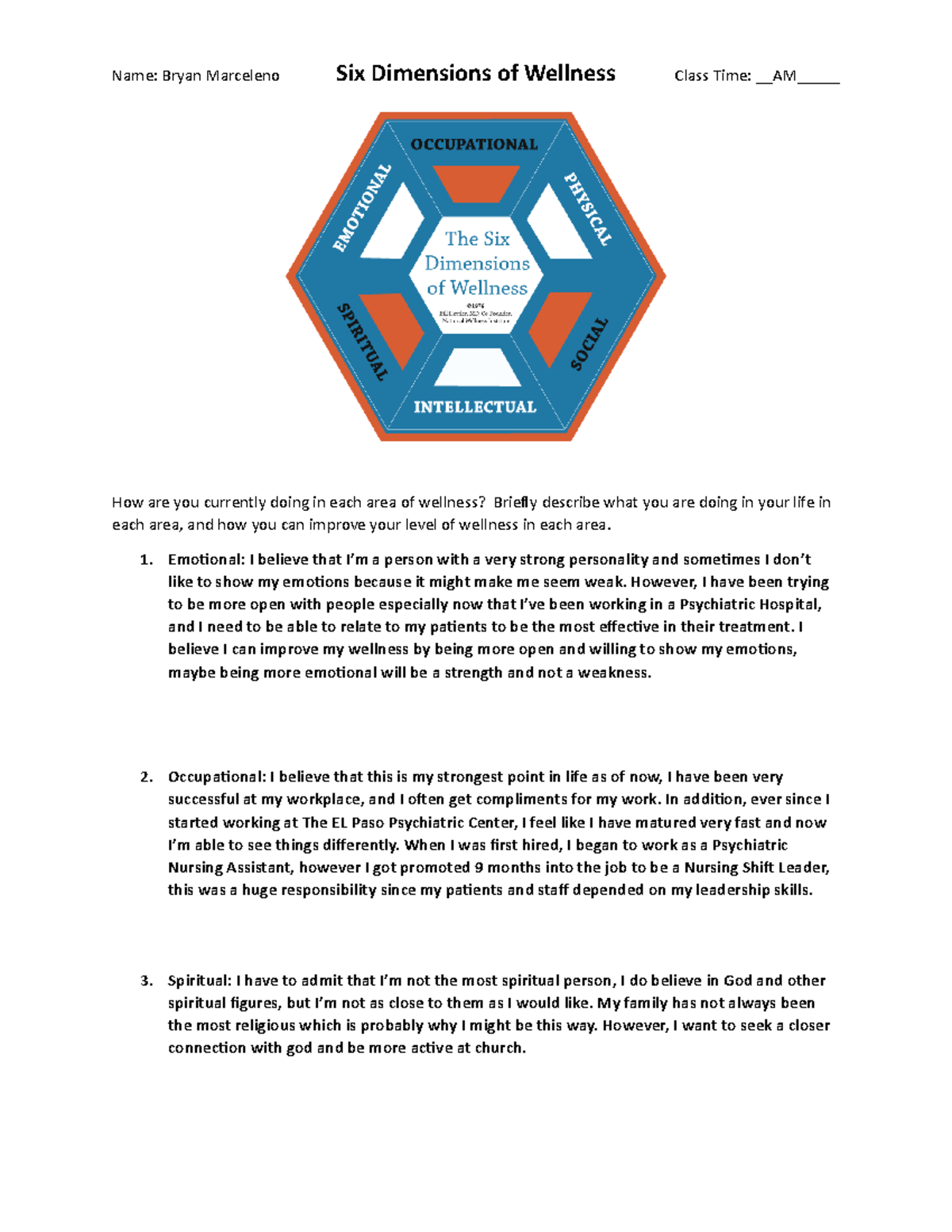 6 Dimensions of Wellness Activity - Name: Bryan Marceleno Six ...