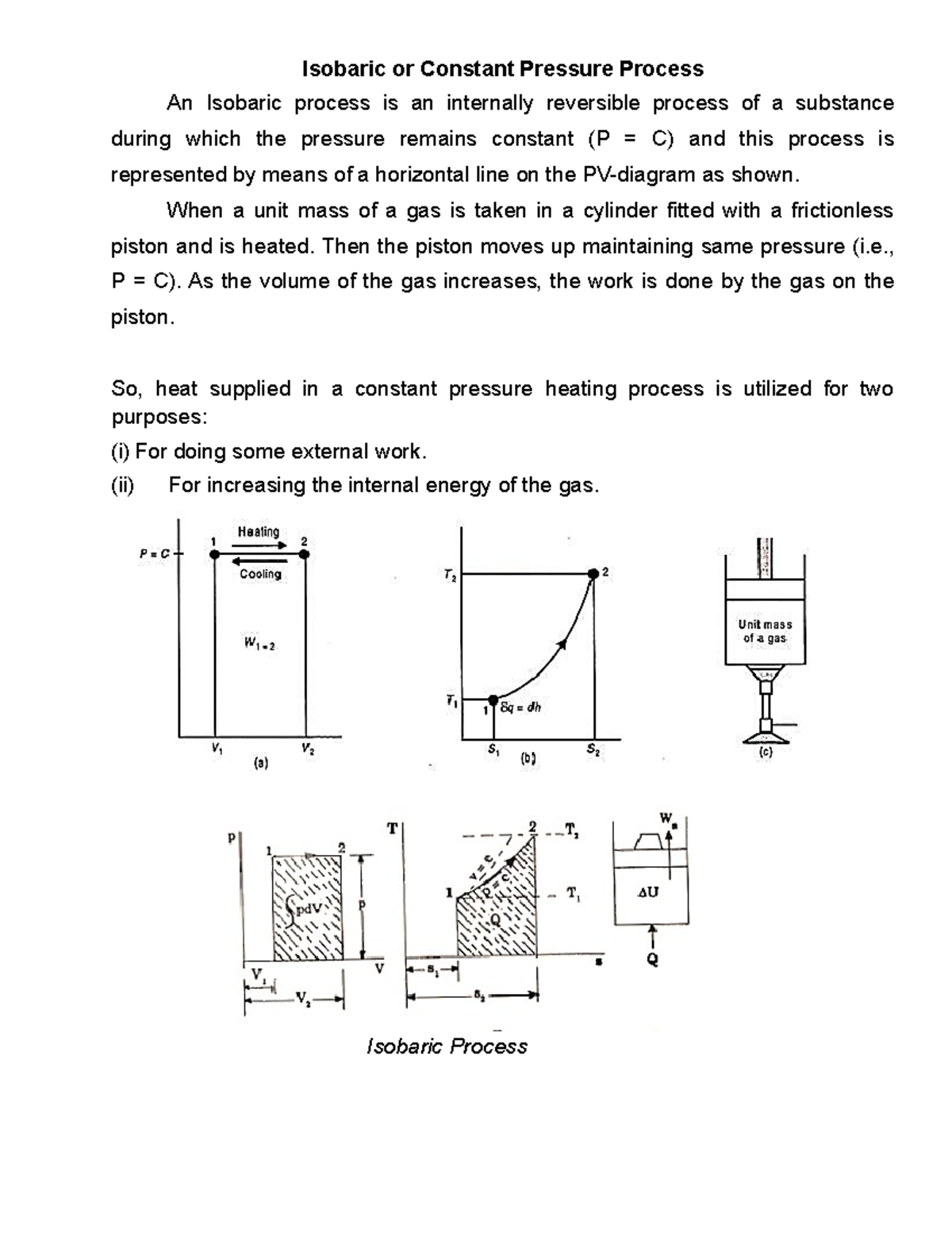 Isobaric or Constant Pressure Process - When a unit mass of a gas is taken in a cylinder fitted ...