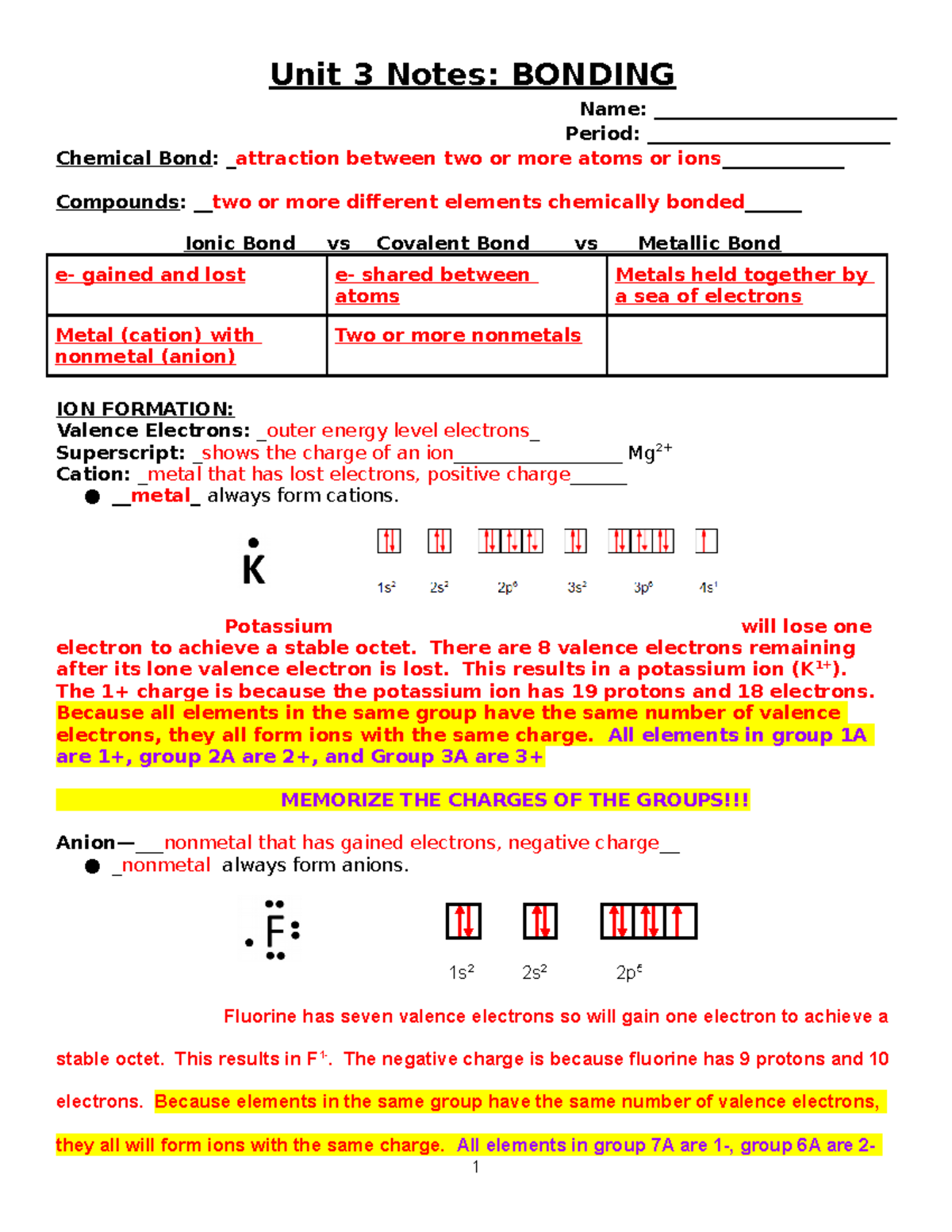 Key Unit 3 Notes Bonding - Unit 3 Notes: BONDING Name ...