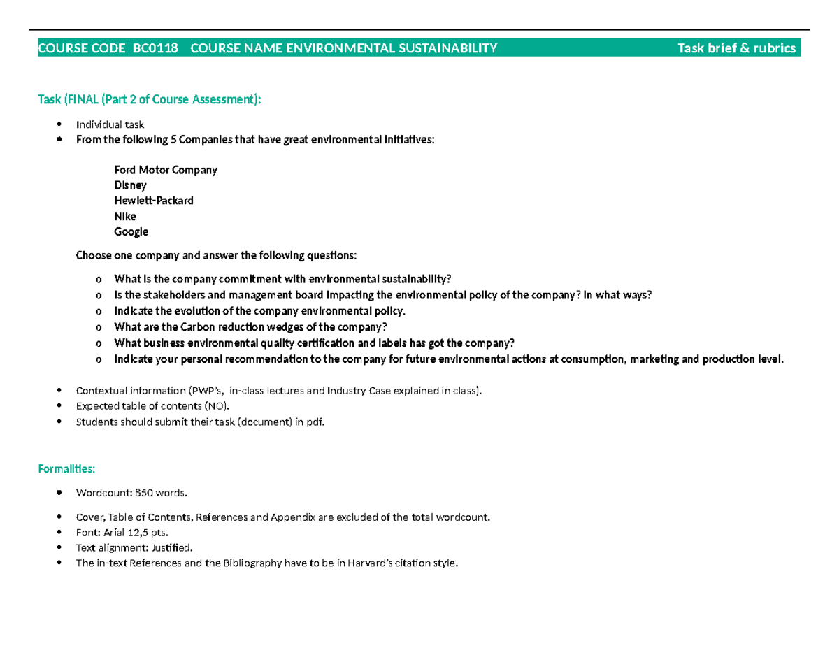 Final task brief and rubrics 1 - COURSE CODE BC0118 COURSE NAME ...