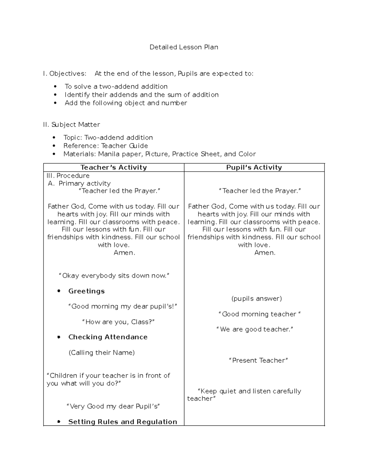 Lesson plan 1. 2 counting with addition - Detailed Lesson Plan I ...