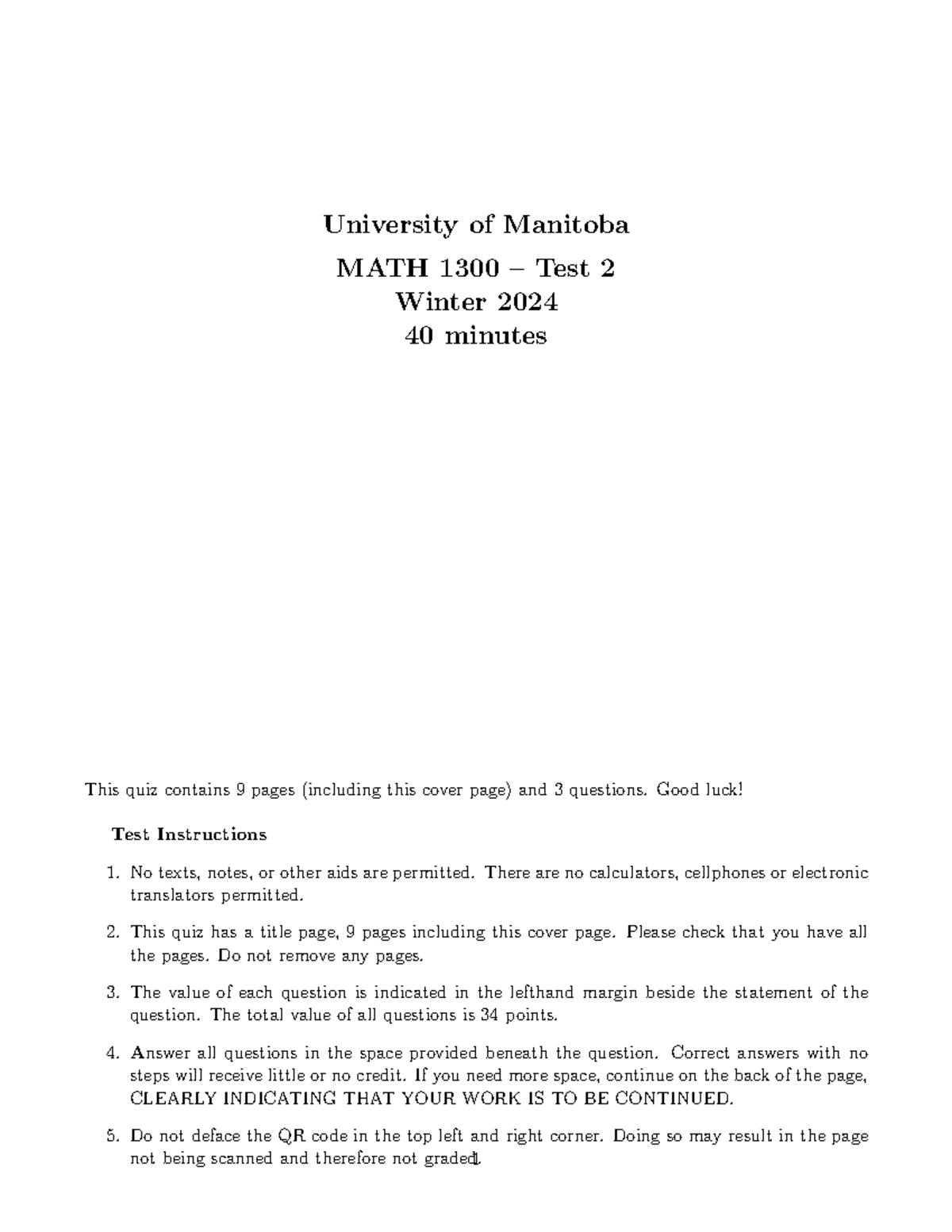 Test 2 Solution - University of Manitoba MATH 1300 – Test 2 Winter 2024 ...