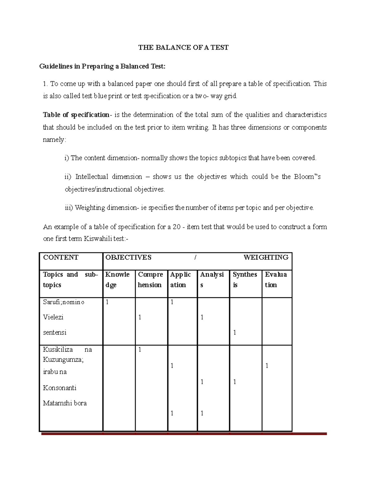Topic 6 - notes - THE BALANCE OF A TEST Guidelines in Preparing a ...