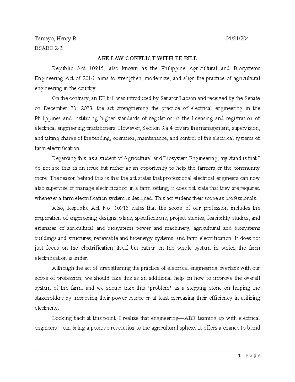 ABE LAW Conflict WITH EE BILL - Tamayo, Henry B 04/21/ BSABE 2- ABE LAW CONFLICT WITH EE BILL ...