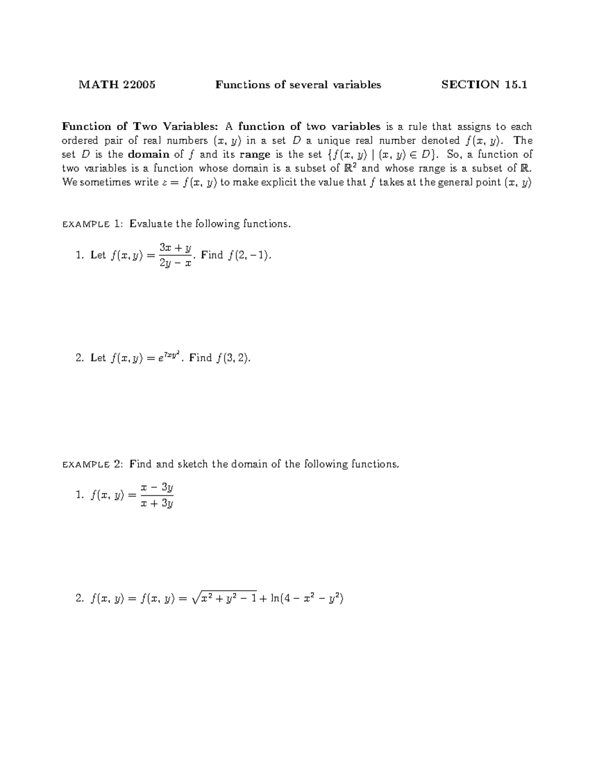 Functions of several variables - Function of Two Variables: Afunction ...