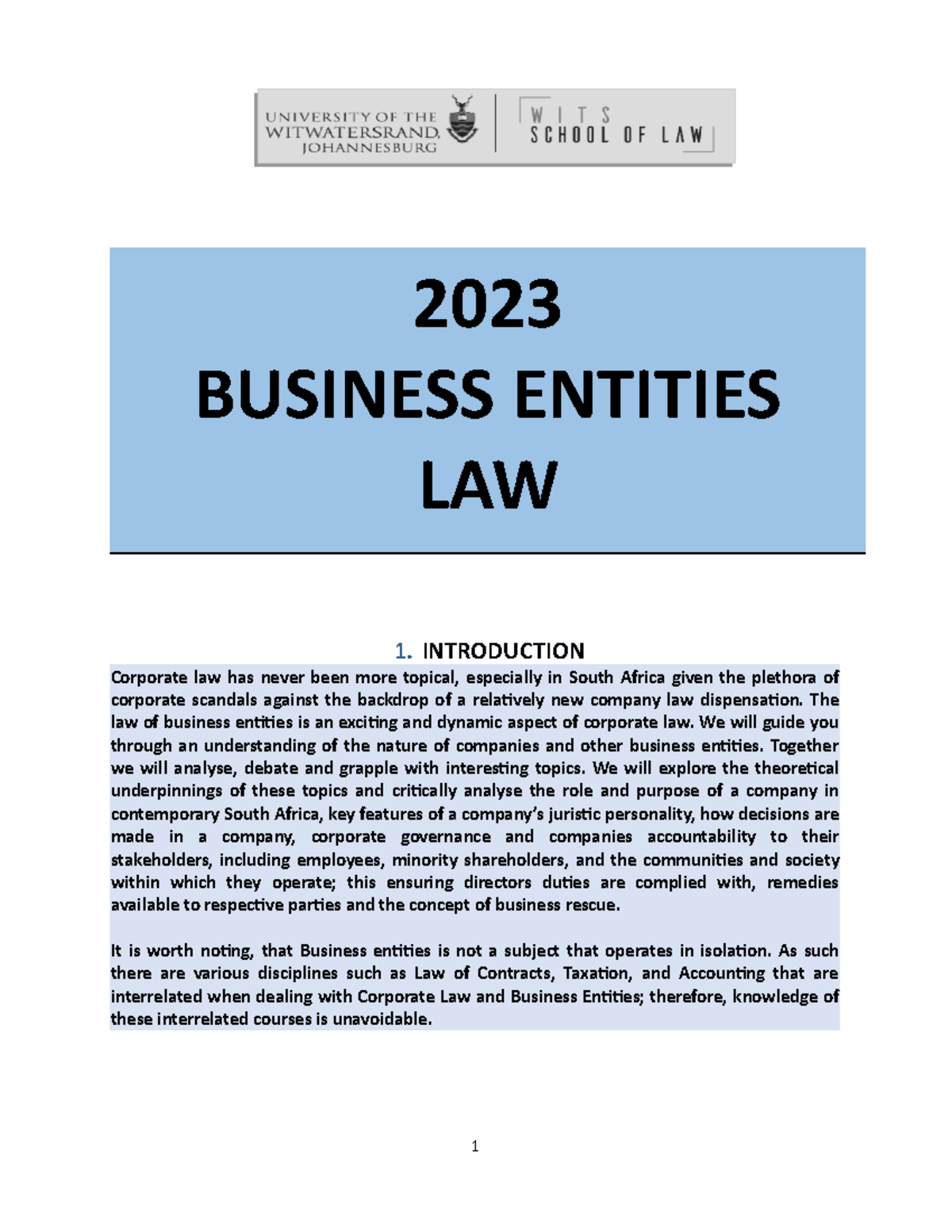 Business Entities Law Course Outline 2023 - 1. INTRODUCTION Corporate ...