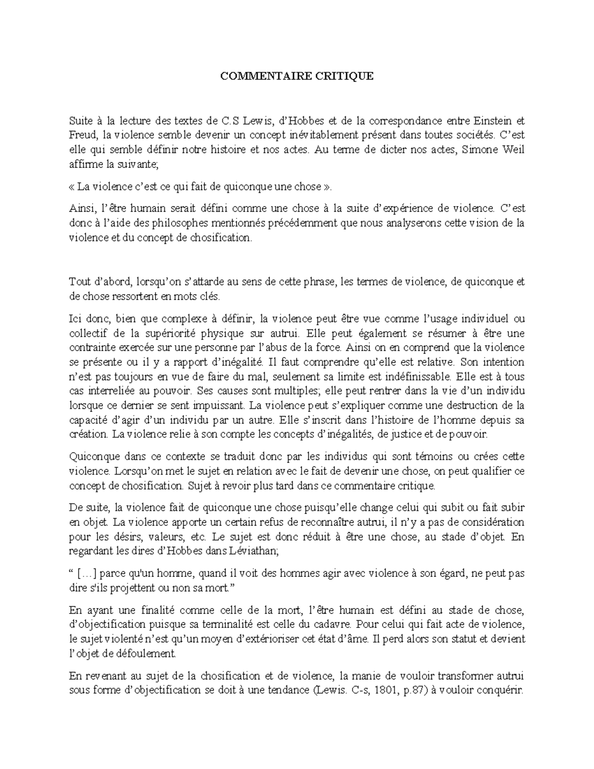 Commentaire Critique - COMMENTAIRE CRITIQUE Suite à la lecture des ...