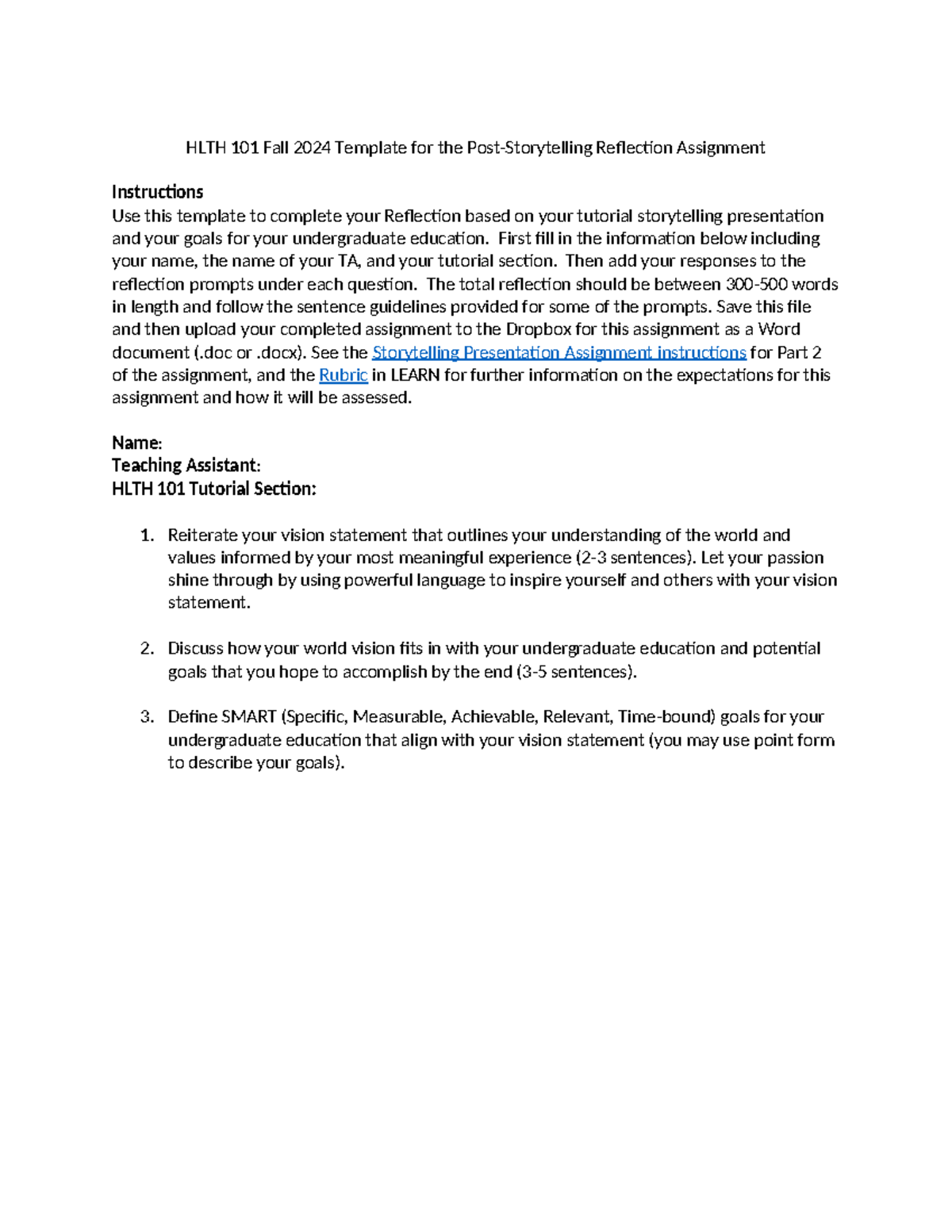HLTH101-Post Storytelling Reflection-Template - HLTH 101 Fall 2024 Template for the - Studocu