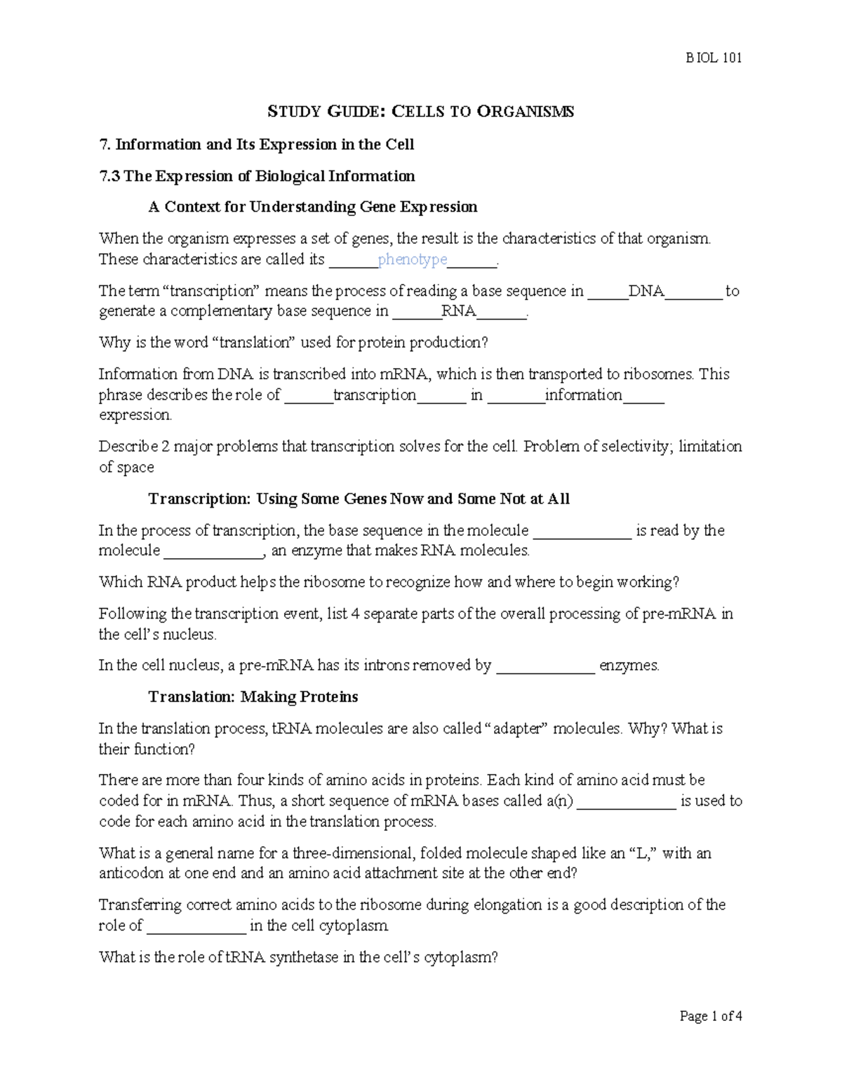 Study Guide Cells to Organisms - STUDY GUIDE: CELLS TO ORGANISMS 7 ...