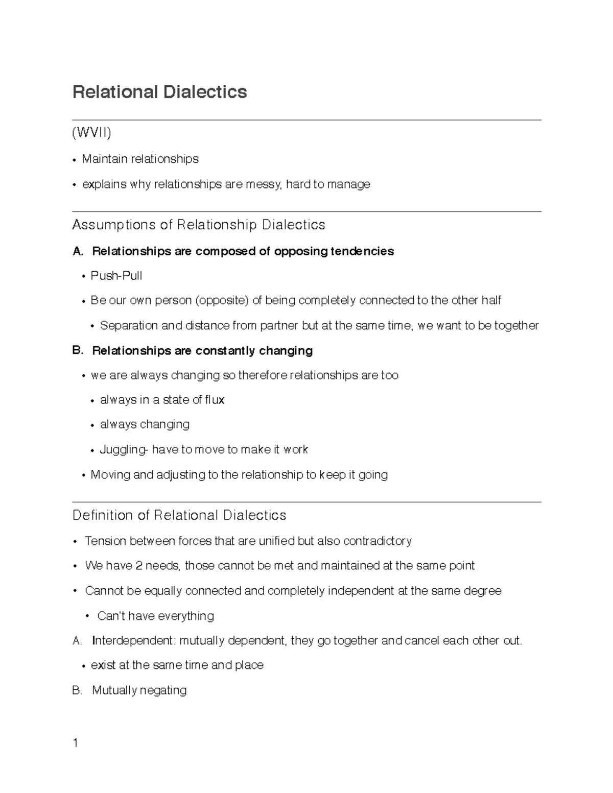 Lecture 9 - COMM 300 Aimee King - Relational Dialectics (WVII) Maintain ...