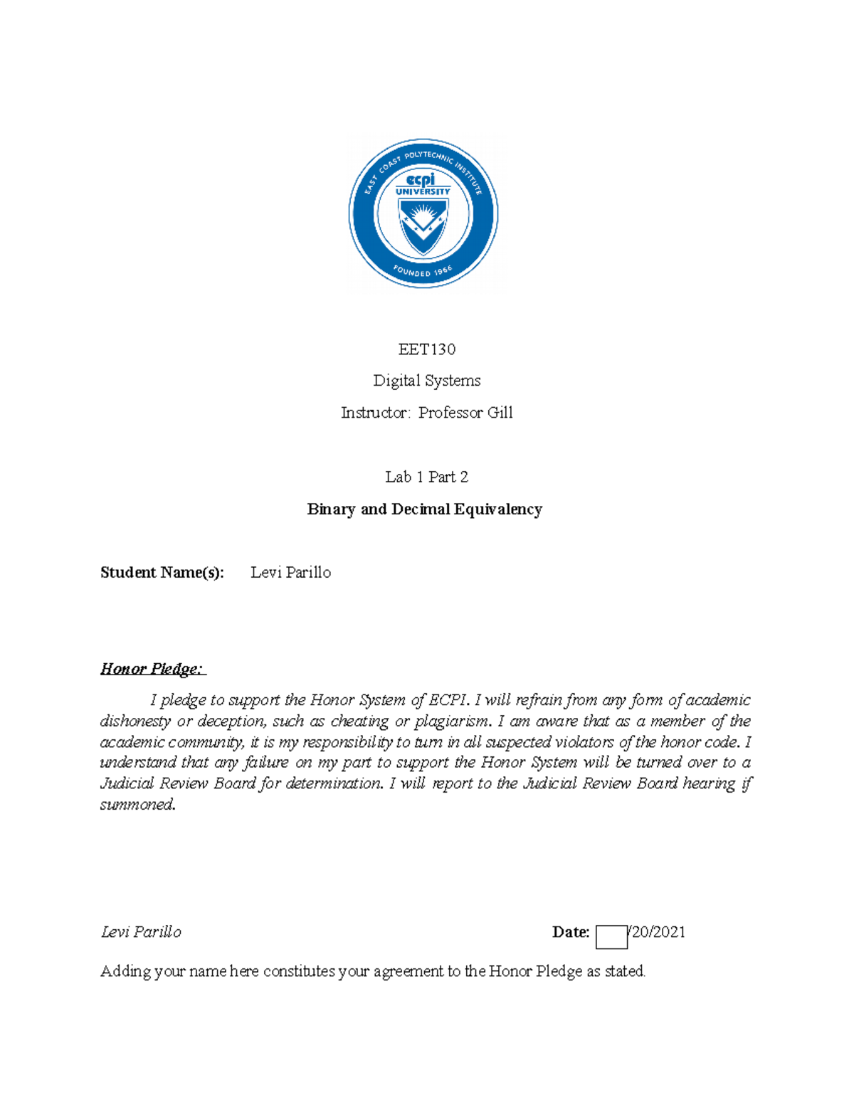 Lab Report Binary and Decimal Equivalency - EET130 - ECPI University - Studocu