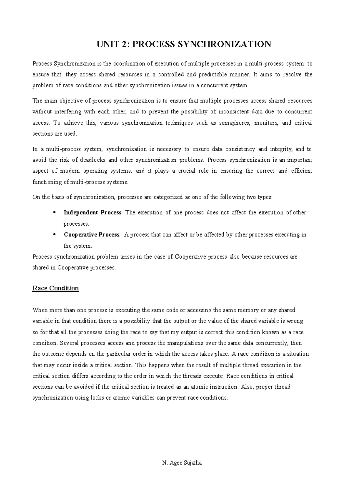 OS 2 UNIT-process synchronization - N. Agee Sujatha UNIT 2: PROCESS SYNCHRONIZATION Process ...