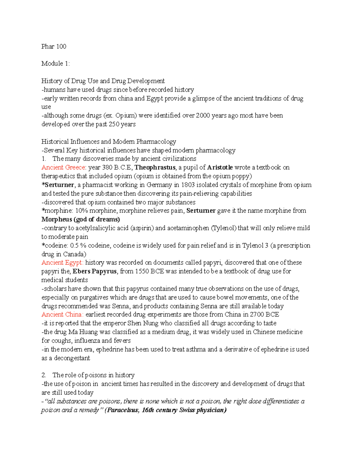 Phar 100 Module 1 + 2 Notes - Phar 100 Module 1: History of Drug Use ...