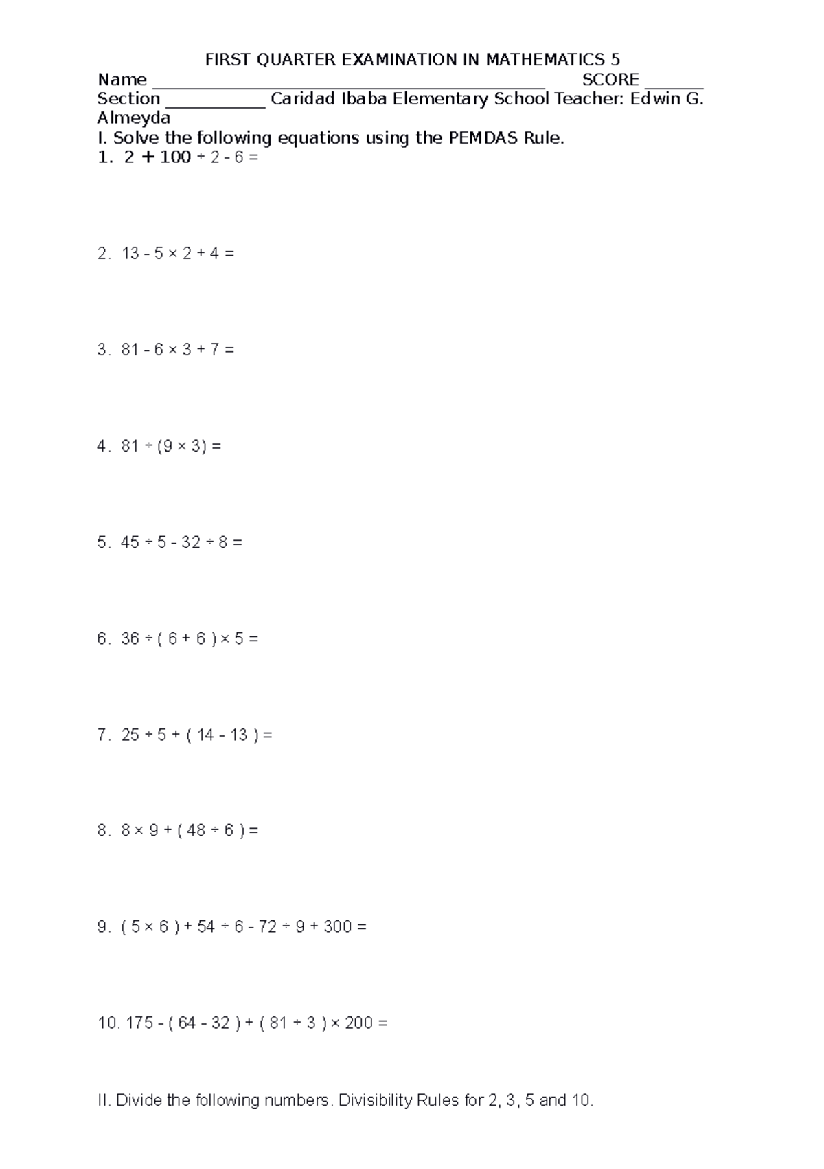 1Q Math5 - lecture notes - FIRST QUARTER EXAMINATION IN MATHEMATICS 5 ...