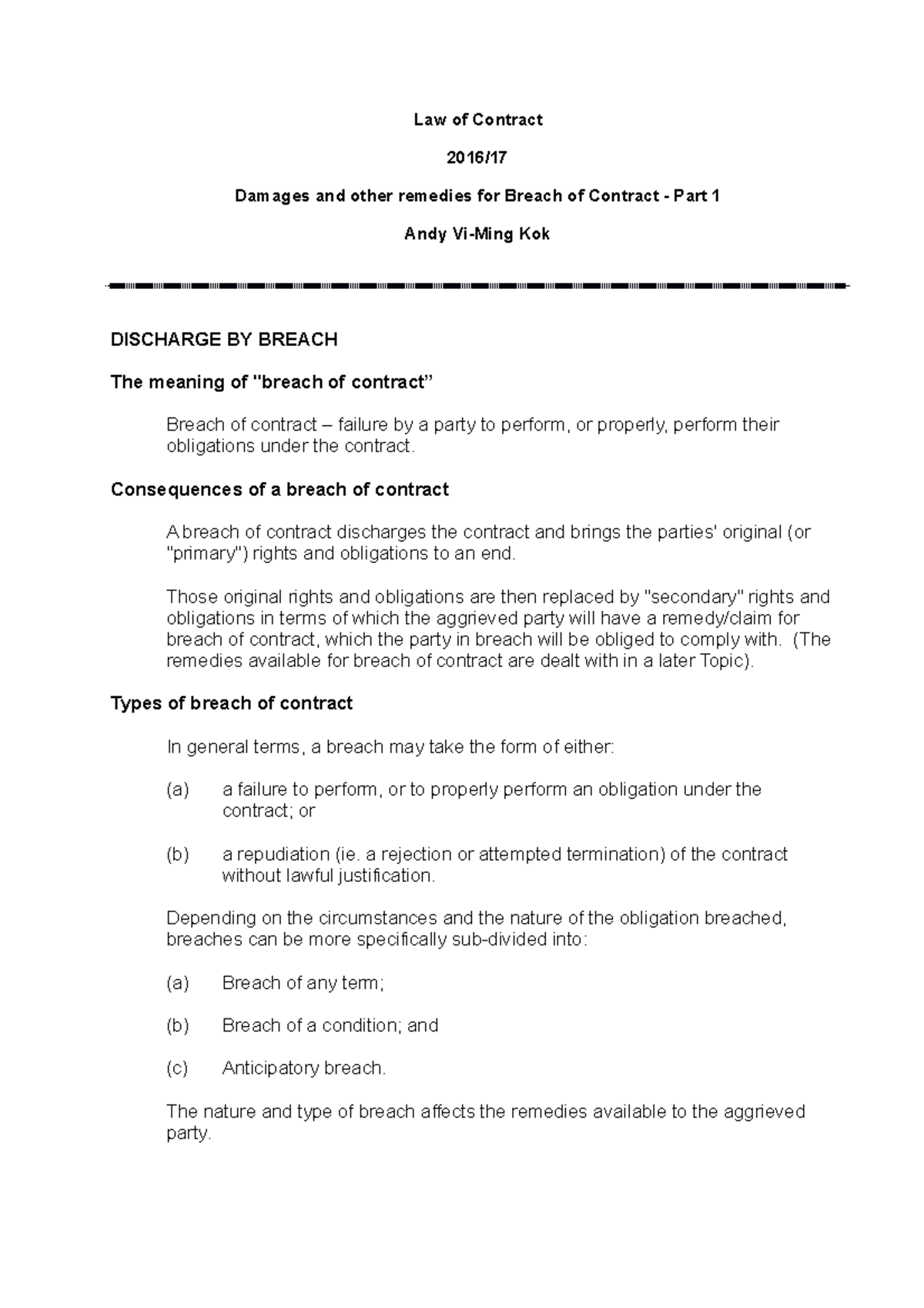 Law of Contract - Damages - Law of Contract Damages and other remedies ...