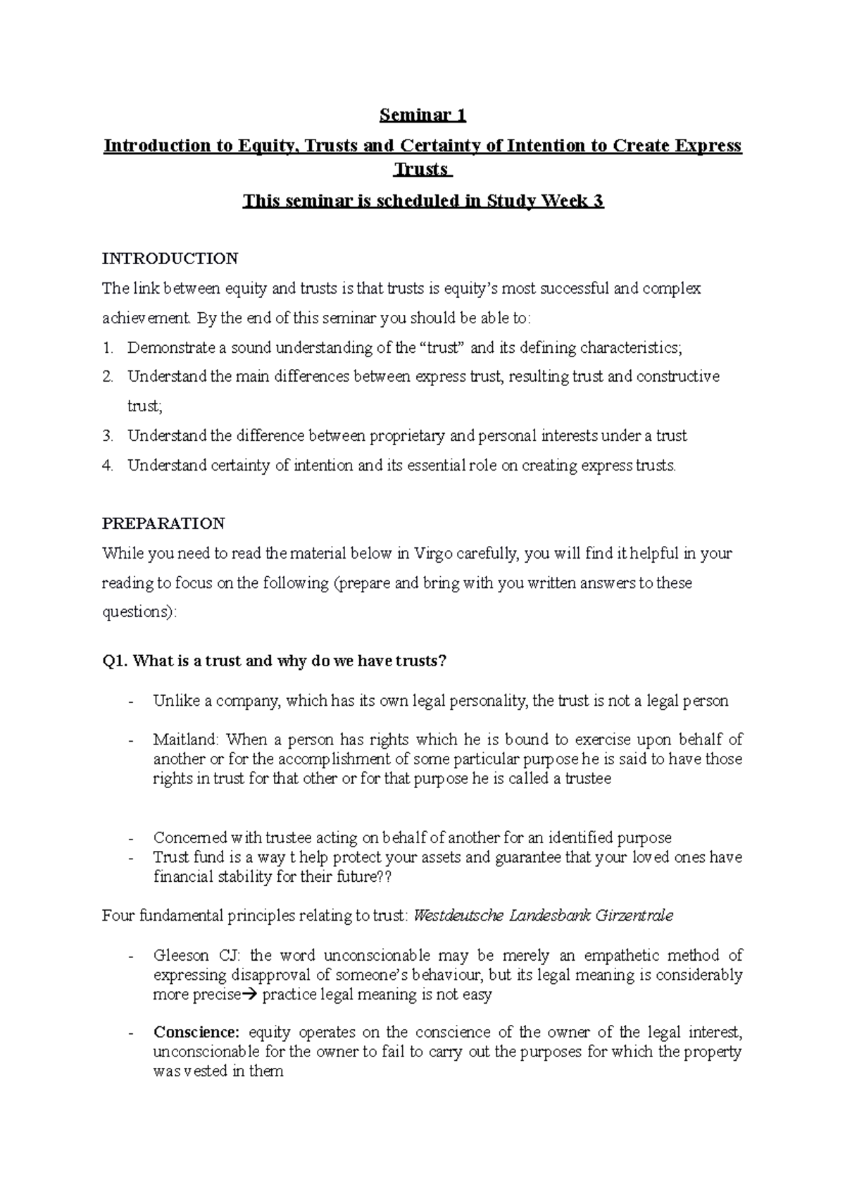 Seminar 1 Introduction to Trusts & Certainty of Intention to create Express Trusts-2 - Seminar 1 ...